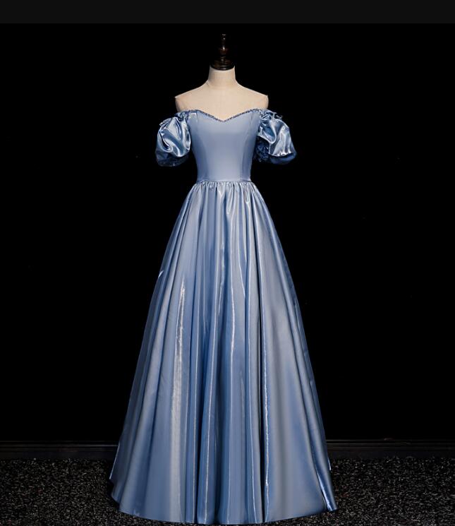Beautiful Off Shoulder Long Blue Satin Prom Dress on Luulla