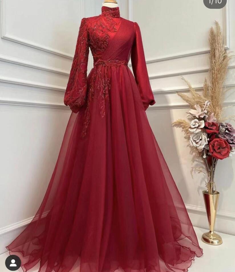 High Neck Burgundy Prom Dresses, Saudi Arabic Prom Dresses, on Luulla