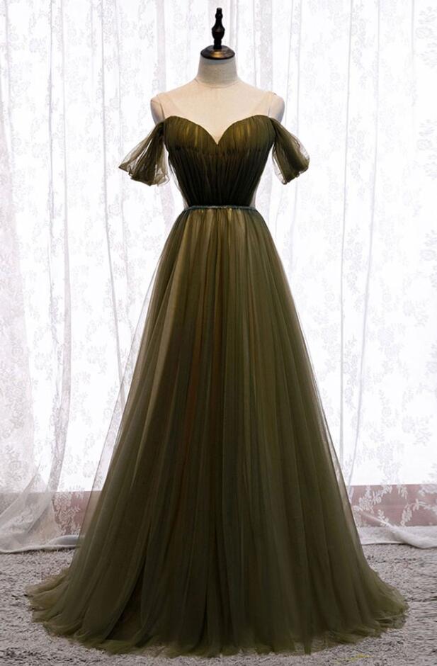 Off Shoulder A Line Green Tulle Prom Dresses on Luulla