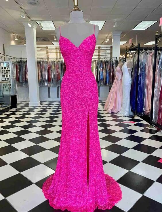 Hot Pink Straps Prom Dress With Slit on Luulla