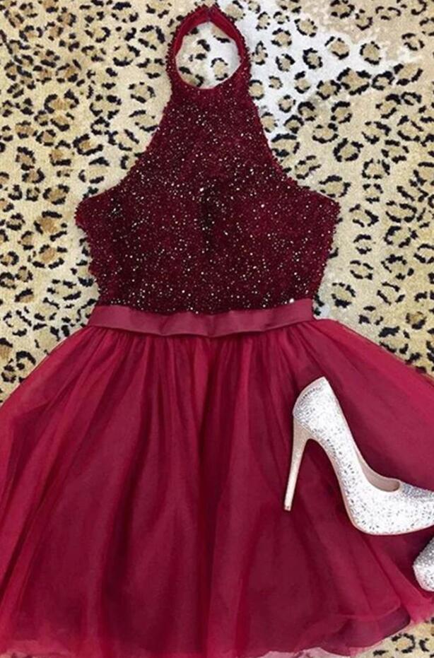 Halter Open Back Beaded Burgundy Short Prom Dresses on Luulla