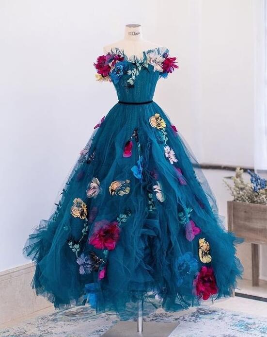 A Line Long Tulle Flowers Prom Dresses on Luulla