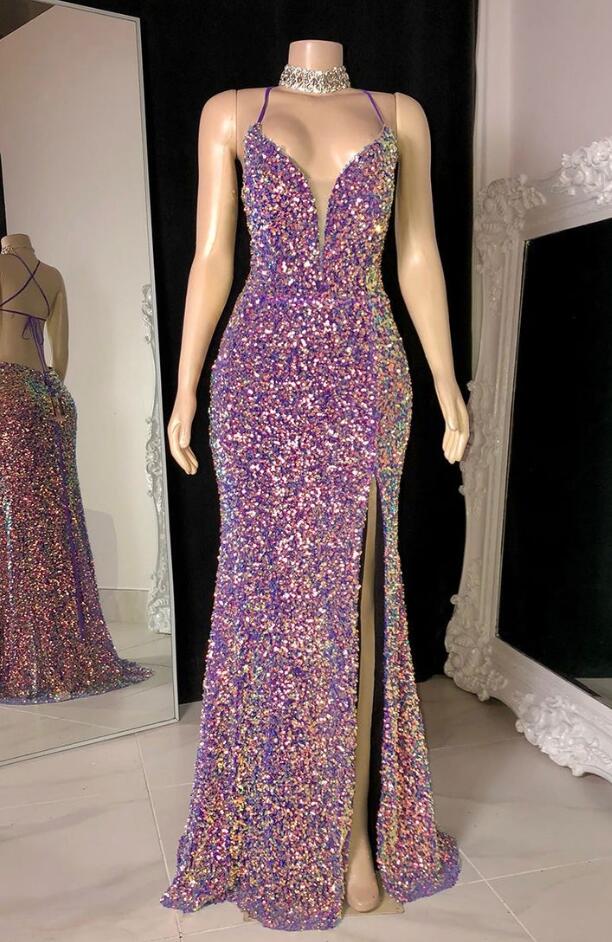 Spaghetti-straps Sequins Prom Dress With Slit on Luulla