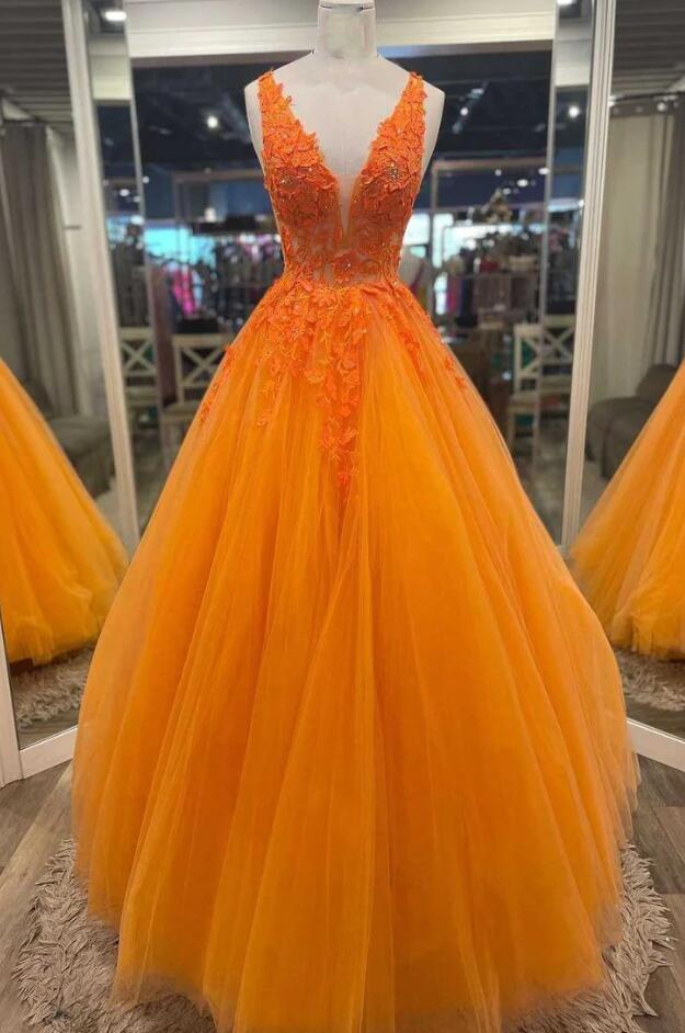 Gorgeous Orange V-neck Tulle Long Prom Dresses on Luulla