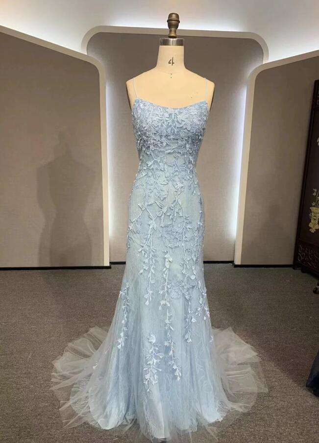 Beautiful Elegant Lace Backless Sky Blue Tulle Prom Dresses On Luulla