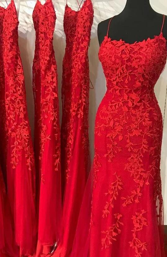A Line Red Prom Dress With Lace on Luulla