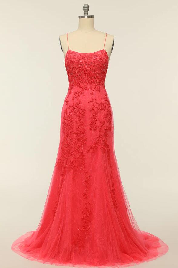 A Line Coral Backless Long Prom Dress With Appliques on Luulla