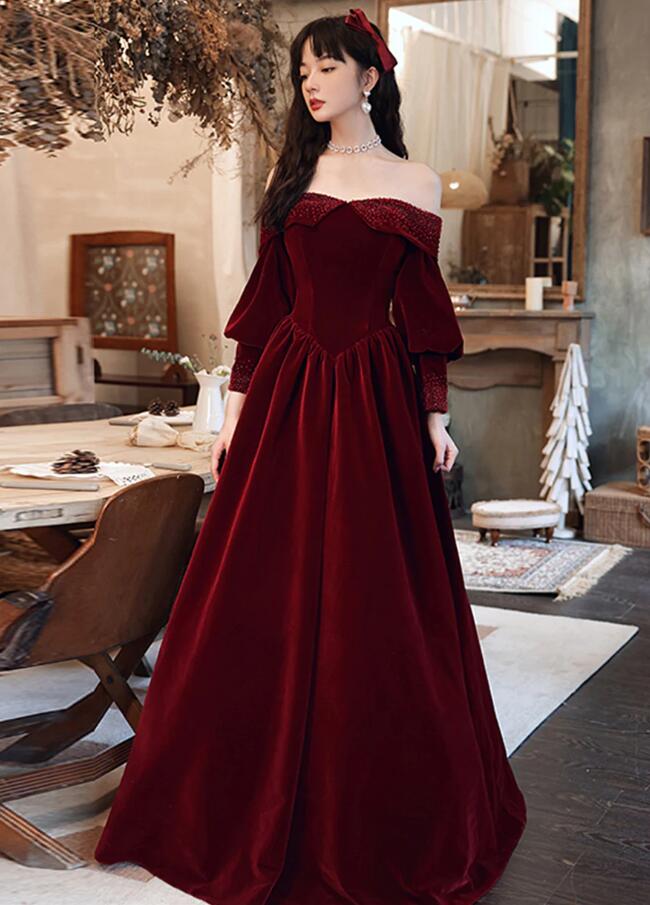 A Line Wine Red Velvet Long Sleeves Beaded Party Dresses on Luulla