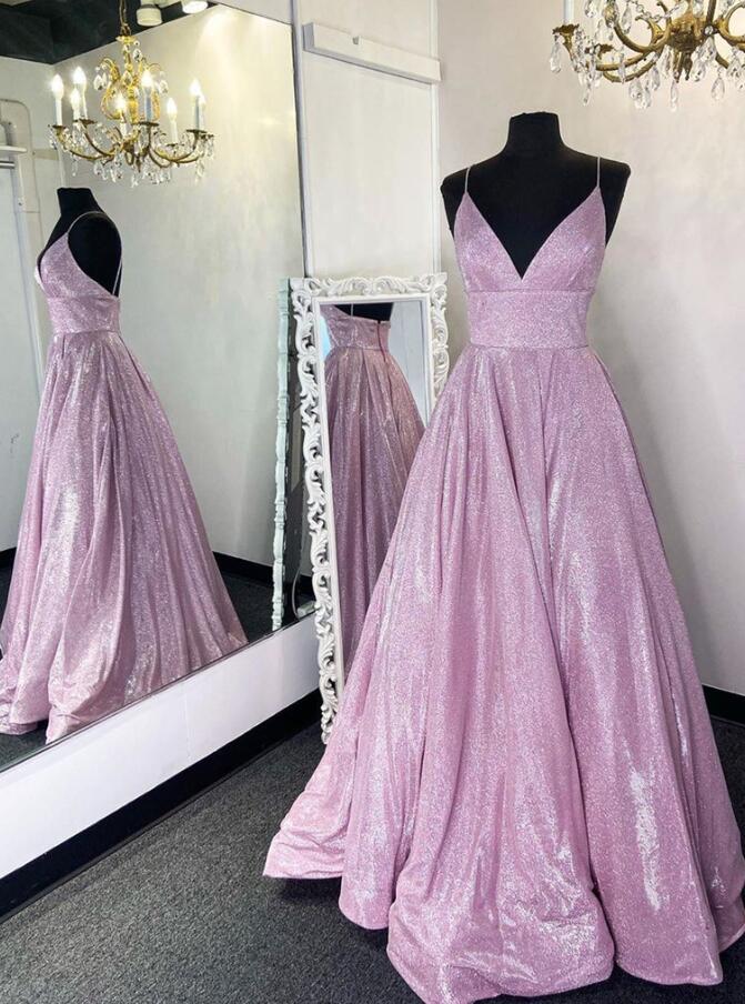 A Line V Neck Pink Long Prom Dresses on Luulla