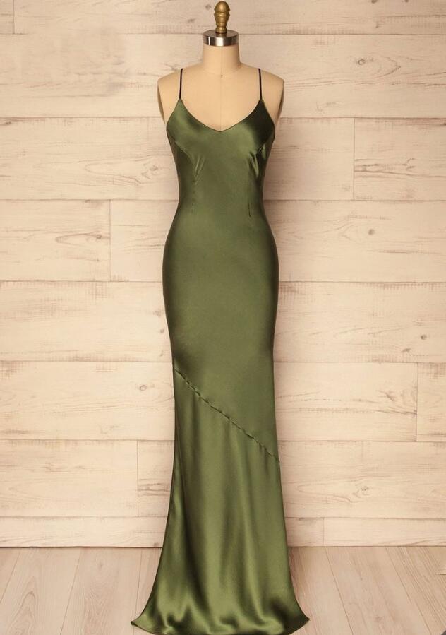 Spaghetti Straps Olive Green Sheath Long Prom Dresses on Luulla