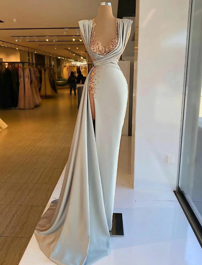 Light Silver Evening Gowns High Side Split Prom Dresses on Luulla