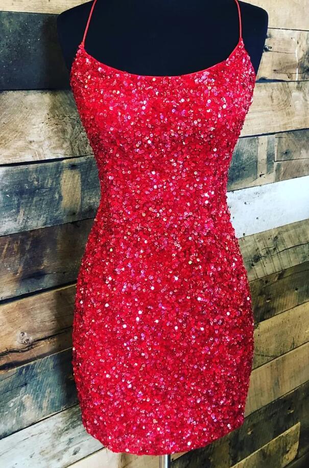 Tight Red Sequins Backless Short Prom Dresses on Luulla