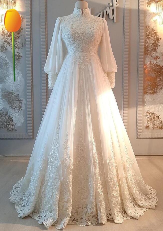 A Line Chiffon Appliqued Muslim Prom Dresses Long Sleeves on Luulla