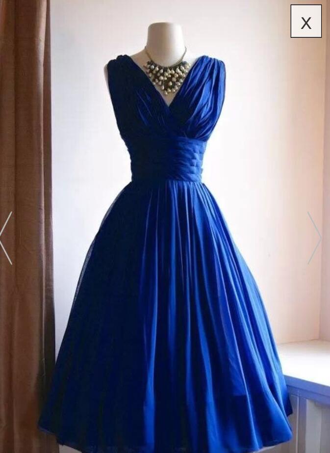 V Neck Royal Blue Tea Length Prom Dresses on Luulla