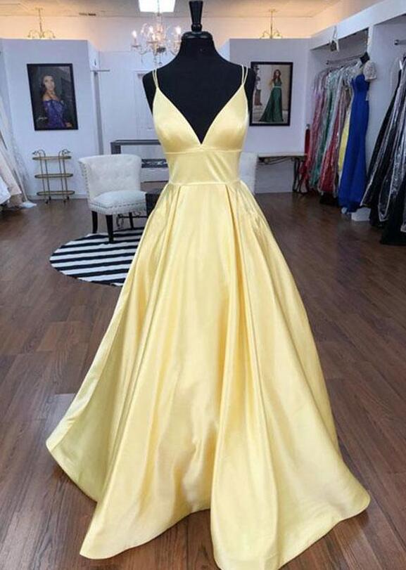 Simple Yellow Satin Long Prom Dresses on Luulla