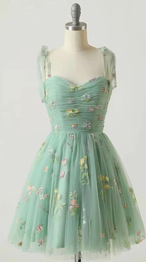 Green Short Prom Dress Straps Floral Tulle With Pleats on Luulla