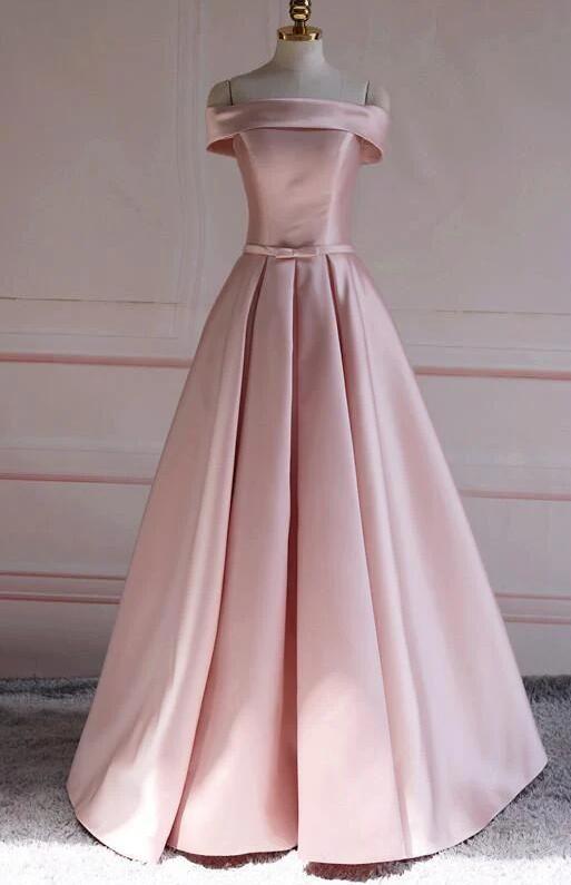Elegant Off Shoulder Pink Satin Long Prom Dresses On Luulla