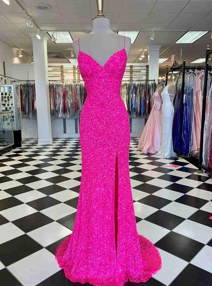 Pink Straps Sequin Prom Dress With Slit on Luulla