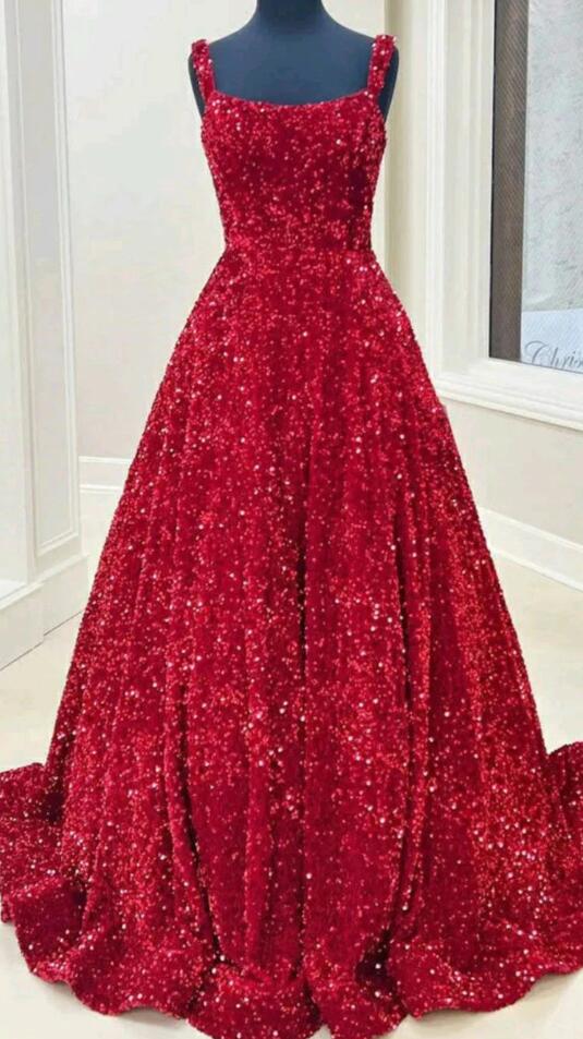 A Line Red Square Neck Sequin Prom Dresses on Luulla