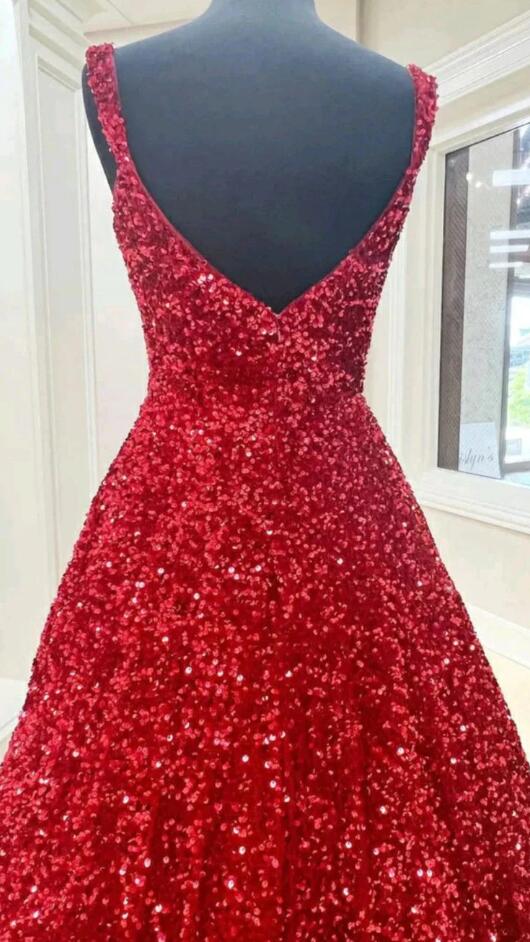 A Line Red Square Neck Sequin Prom Dresses on Luulla