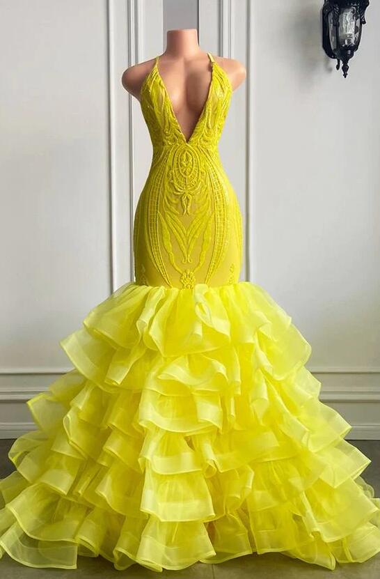 A Line Yellow Long Lace Prom Dress With Ruffles on Luulla