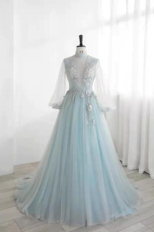 Elegant Pale Blue Tulle Appliques Prom Dresses on Luulla