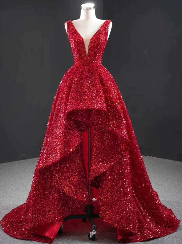 A-line Hi-low V-neck Long Red Sequin Prom Dresses on Luulla
