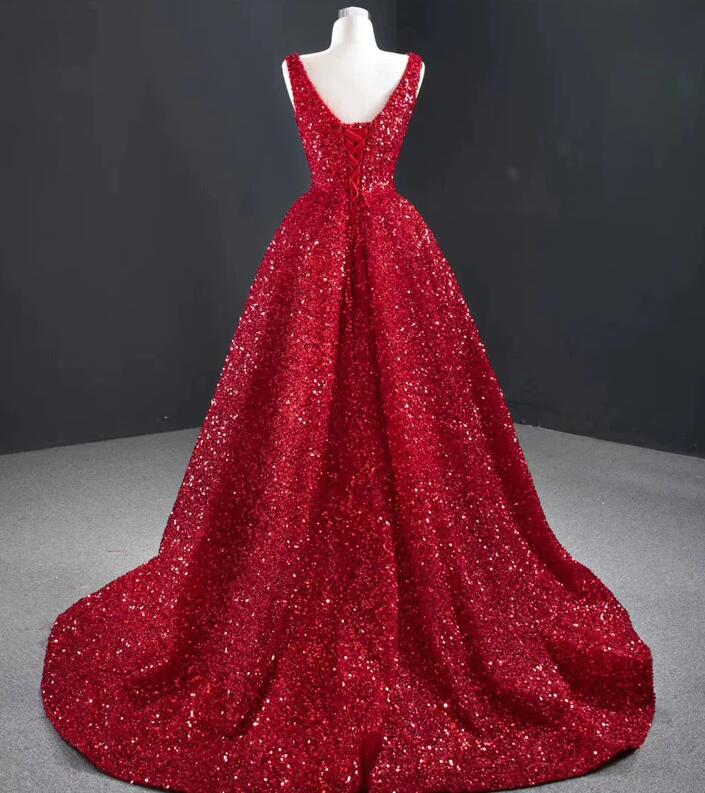 A-line Hi-low V-neck Long Red Sequin Prom Dresses on Luulla