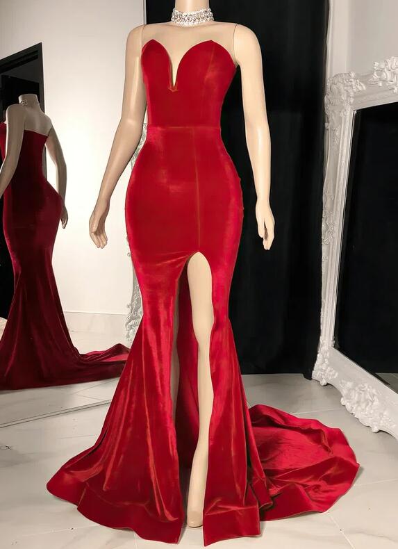 Wine Red V-neck Velvet Prom Dresses With Split Front on Luulla