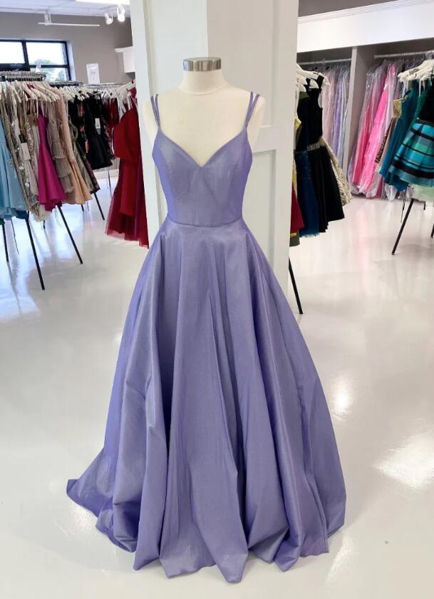 A Line Purple V Neck Satin Long Prom Dresses on Luulla