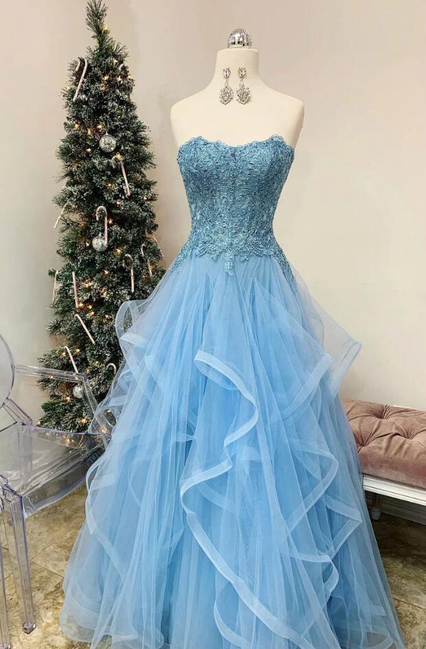 Strapless A Line Tulle Blue Prom Dress With Lace on Luulla