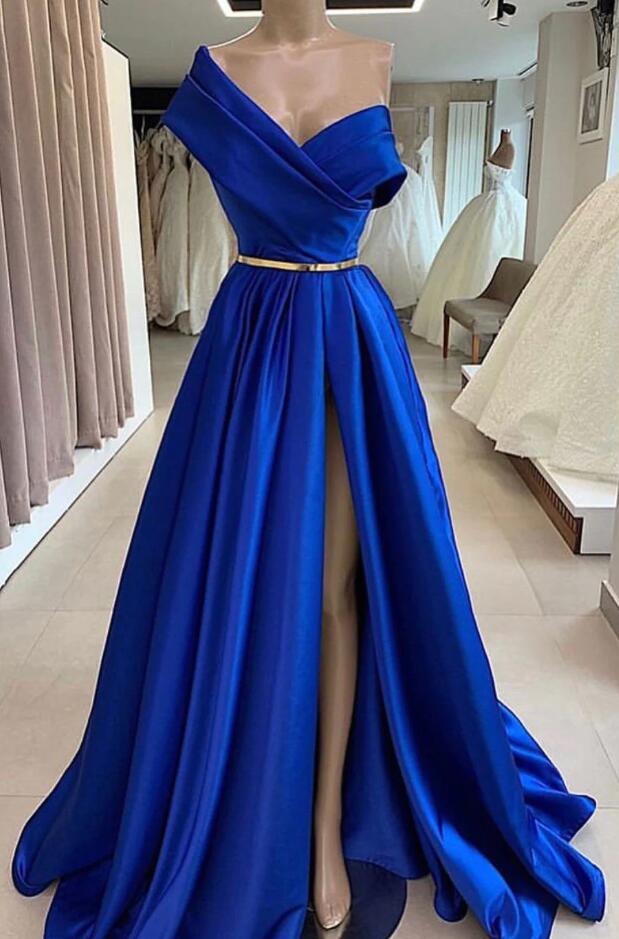 Blue Long Prom Dresses For Women 2025, One Shoulder Blue Split Stain ...