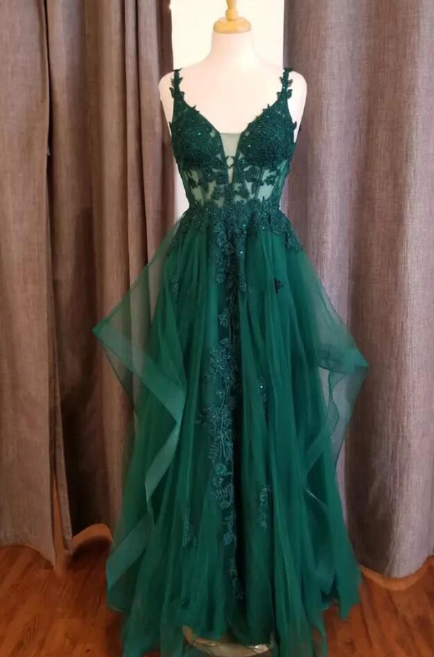 Deep V Neck Hunter Green Flower Straps Appliques Ruffles Long Prom ...