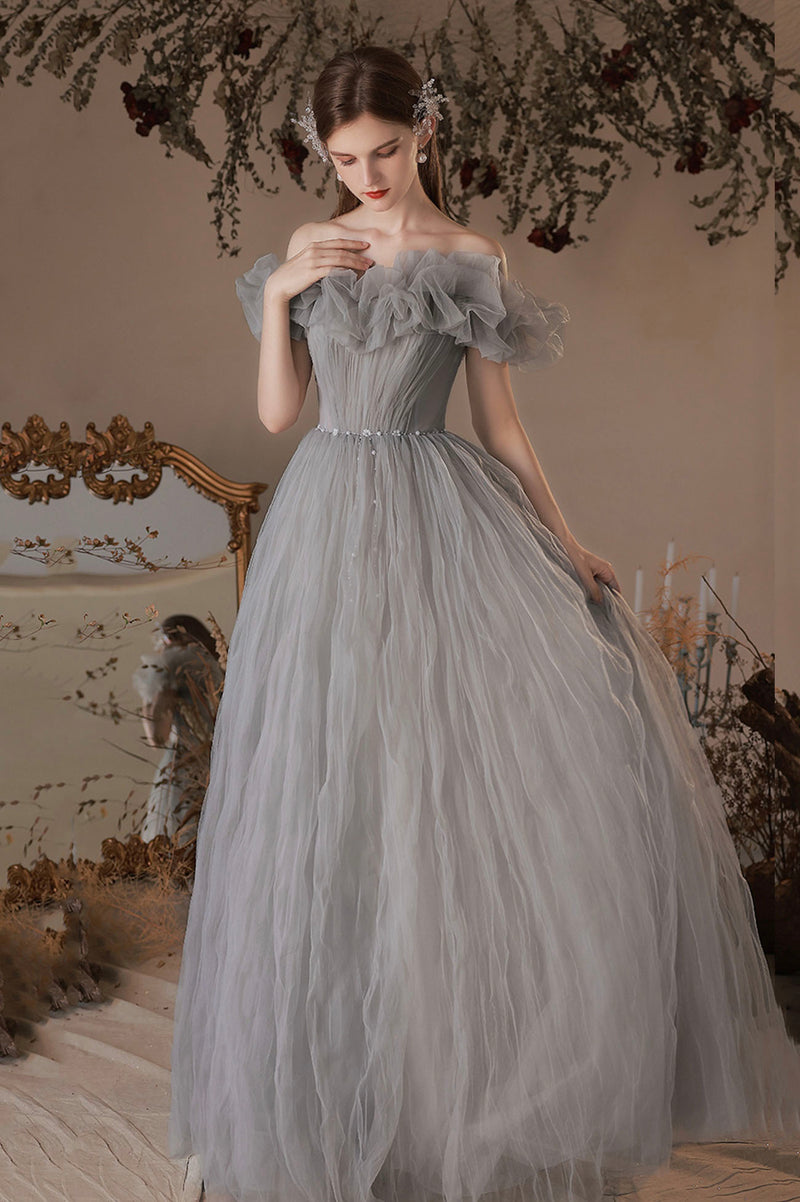 Grey Long Prom Dresses For Women 2025, Off Shoulder Grey A Line Prom ...
