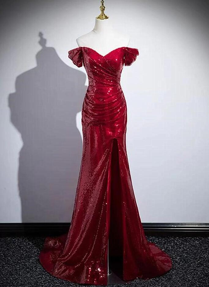 Mermaid Off Shoulder Dark Red Sequins Prom Dress on Luulla