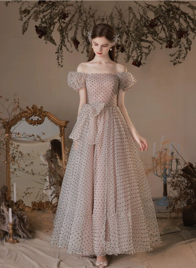 A Line Polka Dots Tulle Long Prom Dress With Bow on Luulla