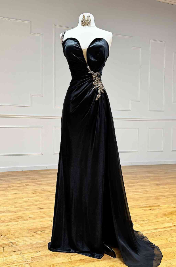 Black Long Prom Dresses 2025 One Shoulder A Line Black Rhinestone Prom ...